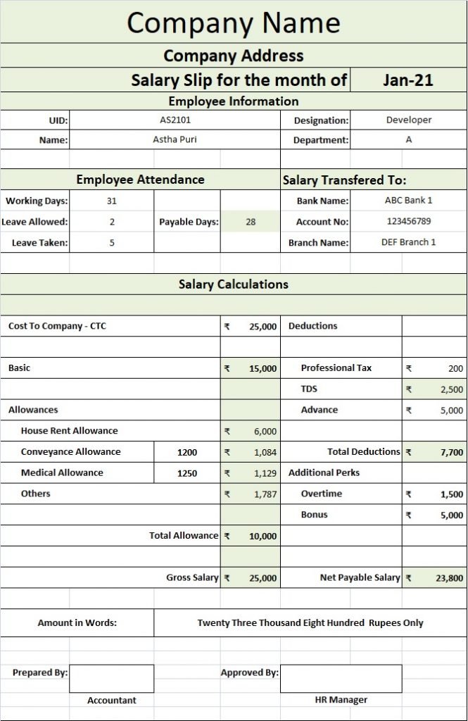 Ready-To-Use Salary Slip Excel Template - India - MSOfficeGeek