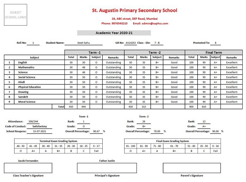 School Report Card And Mark Sheet Excel Template - MSOfficeGeek