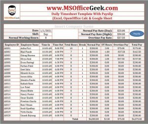 Ready-To-Use Timesheet Template With Payslip - MSOfficeGeek