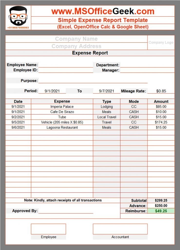 Ready-To-Use Expense Report Template With Chart - MSOfficeGeek