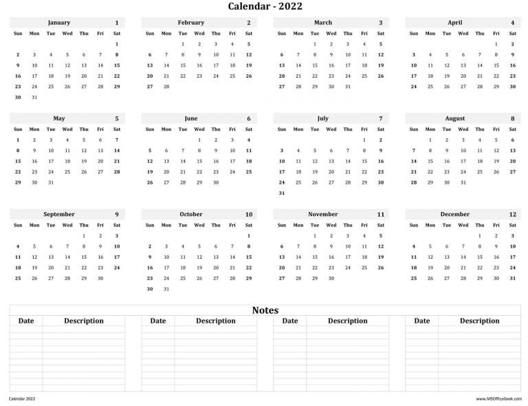 Ready-To-Use Printable Calendar 2022 With Notes - MSOfficeGeek