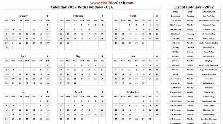 Ready-To-Use Printable Calendar 2022 With US Holidays - MSOfficeGeek