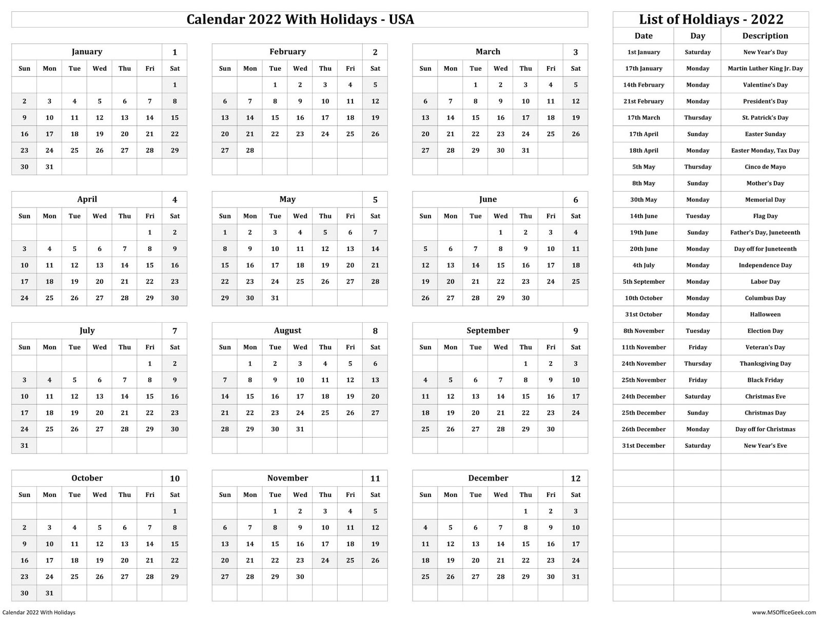 Ready-To-Use Printable Calendar 2022 With US Holidays - MSOfficeGeek