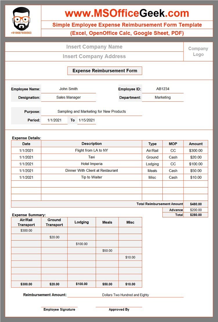 Employee Expense Reimbursement Form Template - MSOfficeGeek