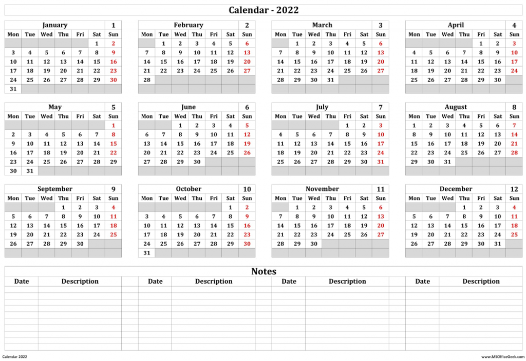 Ready-To-Use Printable Calendar 2022 Monday Start With Notes - MSOfficeGeek
