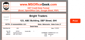 Ready-To-Use GST Debit Note Format for Under Billing - MSOfficeGeek