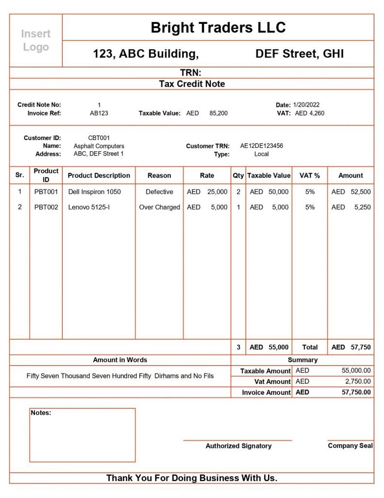 Ready-To-Use UAE VAT Credit Note Format - MSOfficeGeek