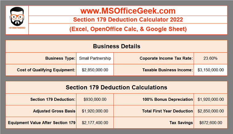 Ready-To-Use Section 179 Deduction Calculator 2022 - MSOfficeGeek