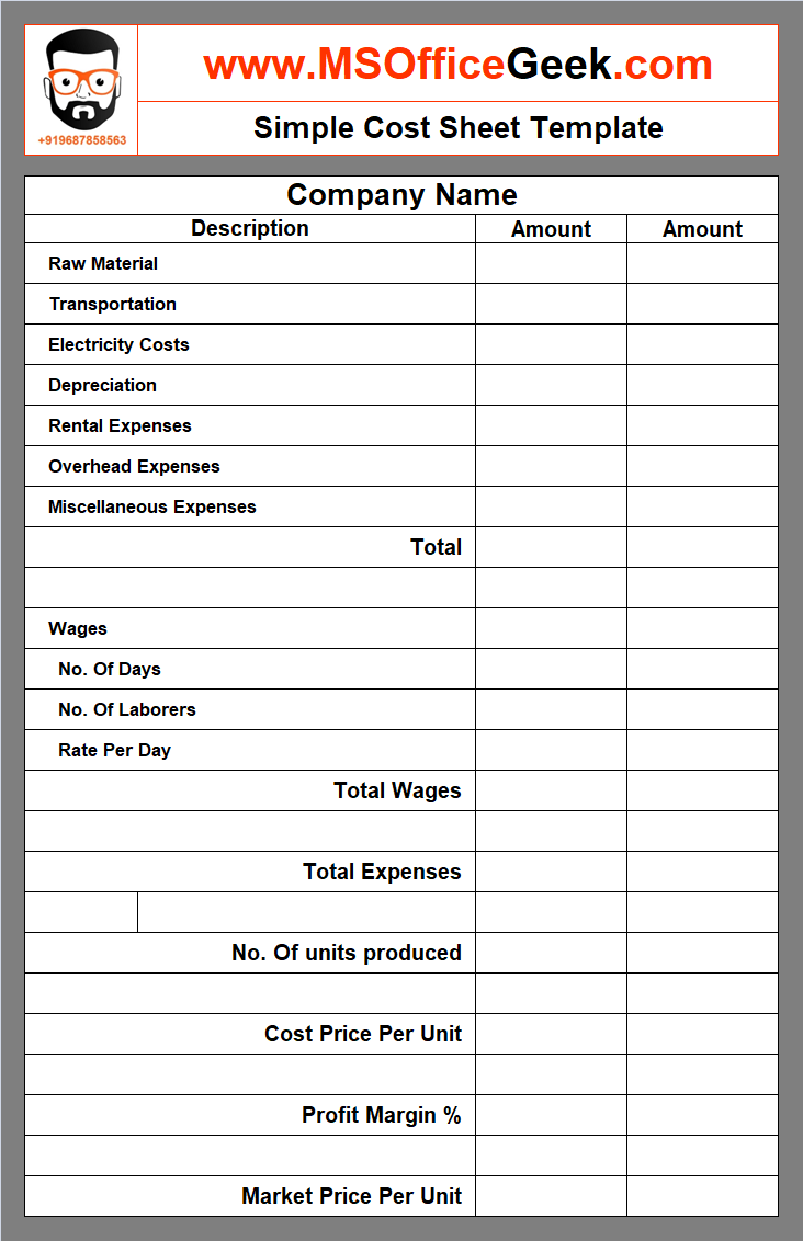 Ready-To-Use Cost Sheet Template - MSOfficeGeek